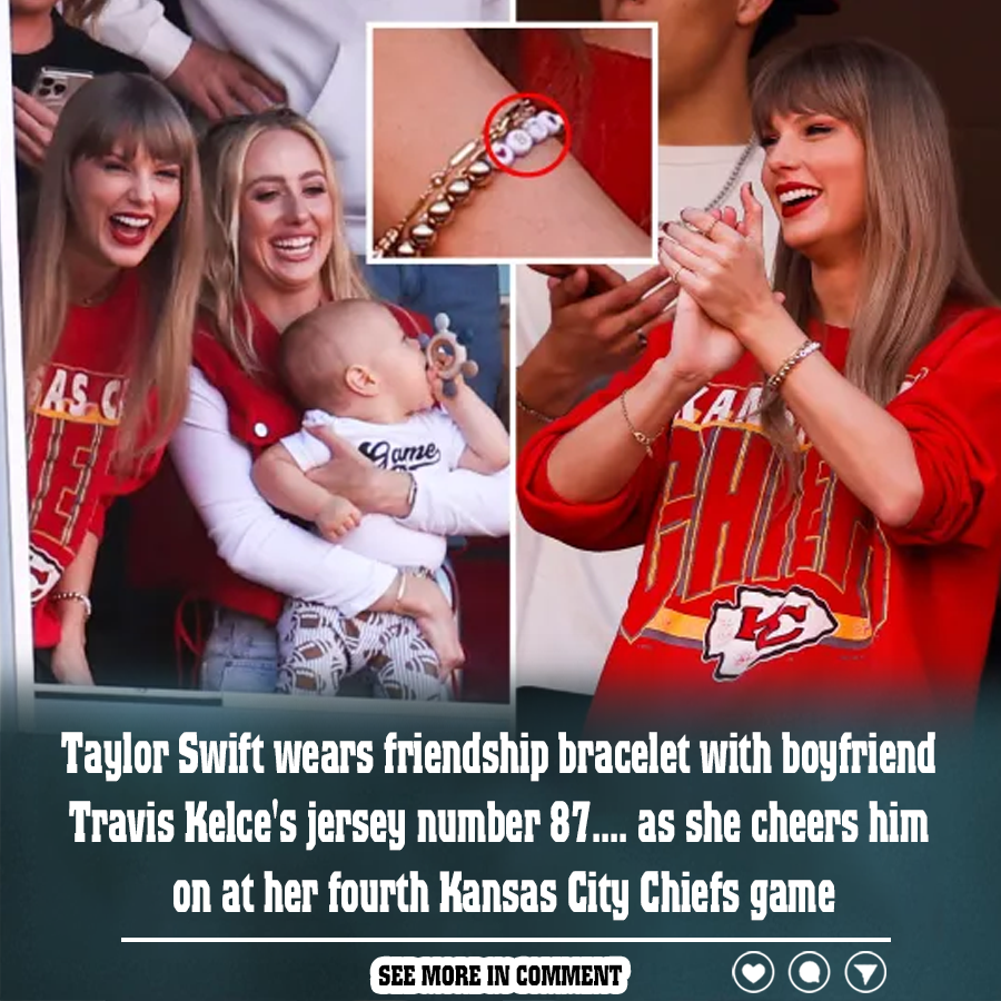 Taylor Swift wears friendship bracelet with boyfriend Travis Kelce's jersey number 87.... as she ...