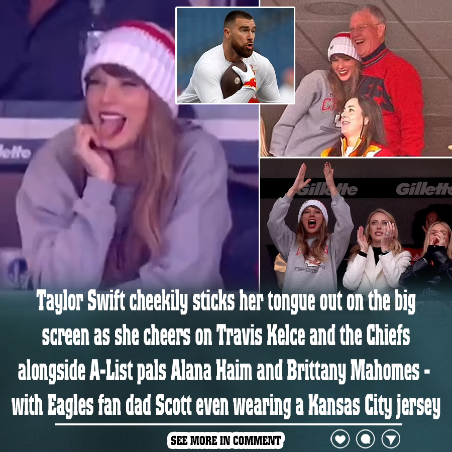 Taylor Swift cheekily sticks her tongue out on the big screen as she cheers on Travis Kelce and ...