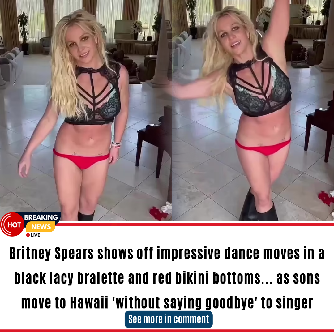 Britney Spears shows off impressive dance moves in a black lacy bralette and red bikini bottoms ...