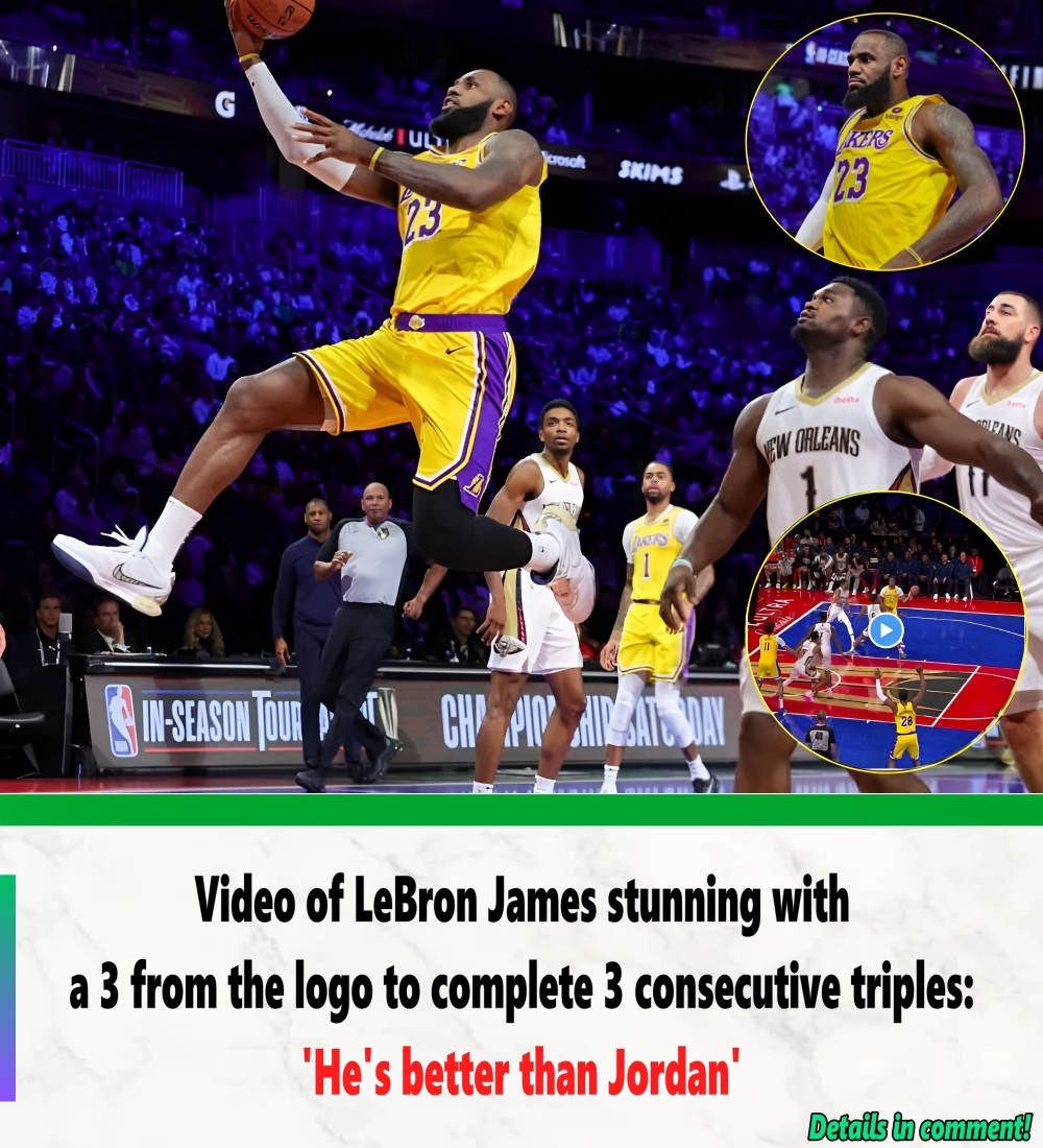 Video of LeBron James stunning with a 3 from the logo to complete 3 ...