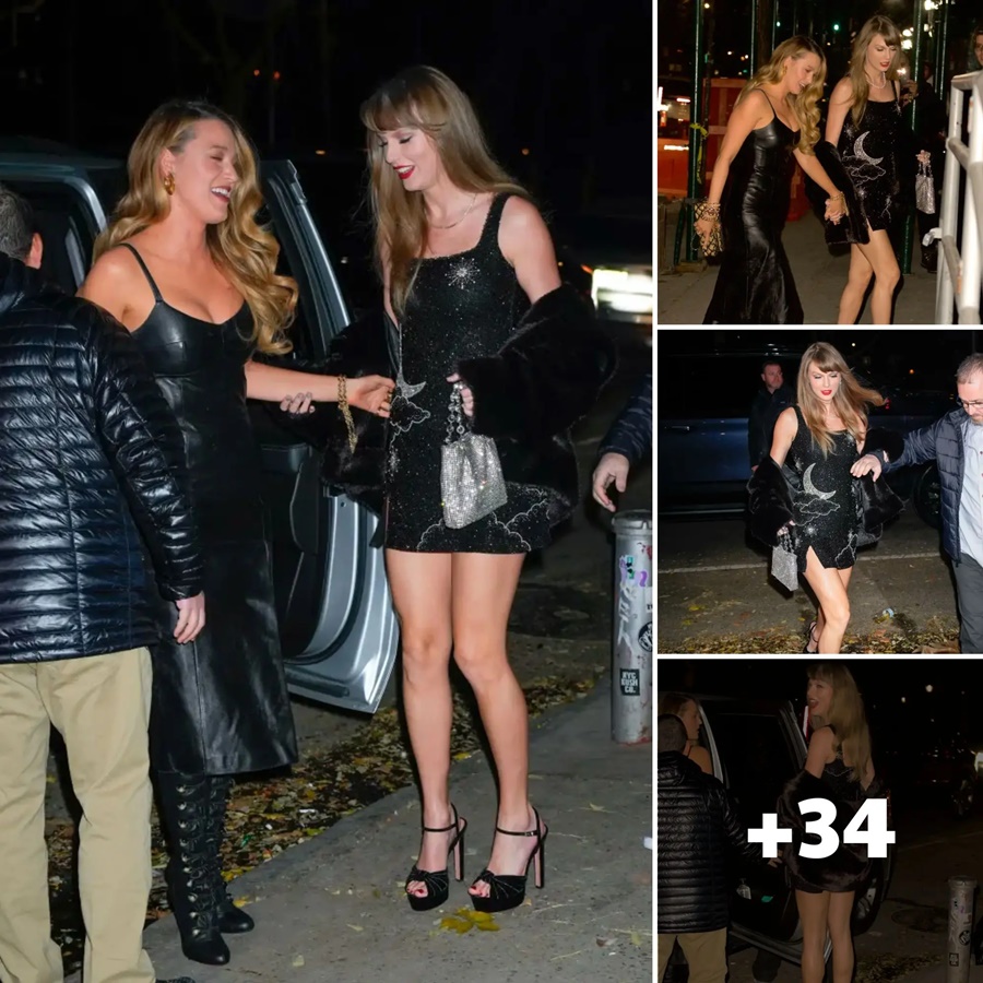 Taylor Swift bedazzled wearing a sparkly black mini dress with an ...