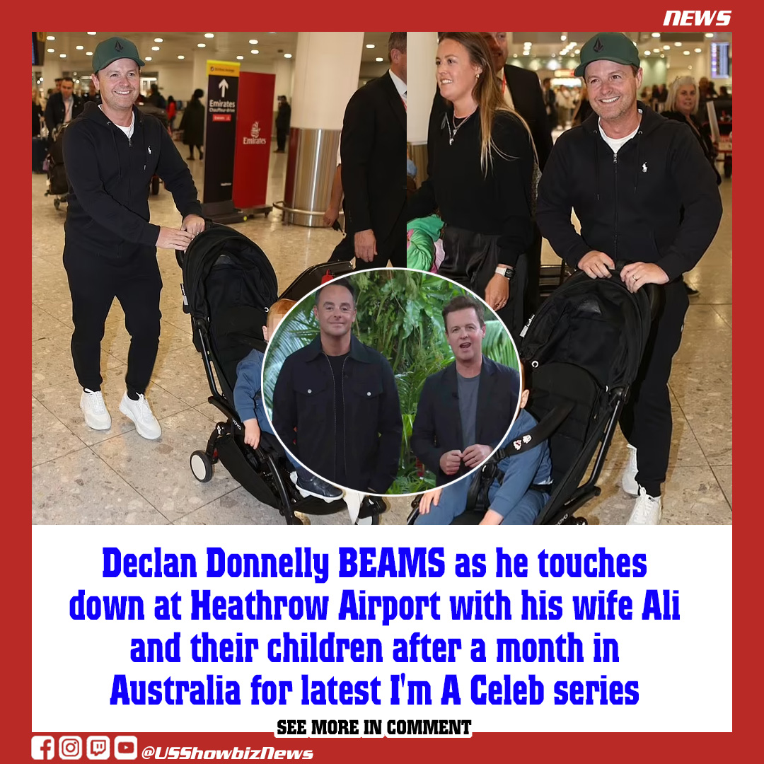 Declan Donnelly BEAMS as he touches down at Heathrow Airport with his ...