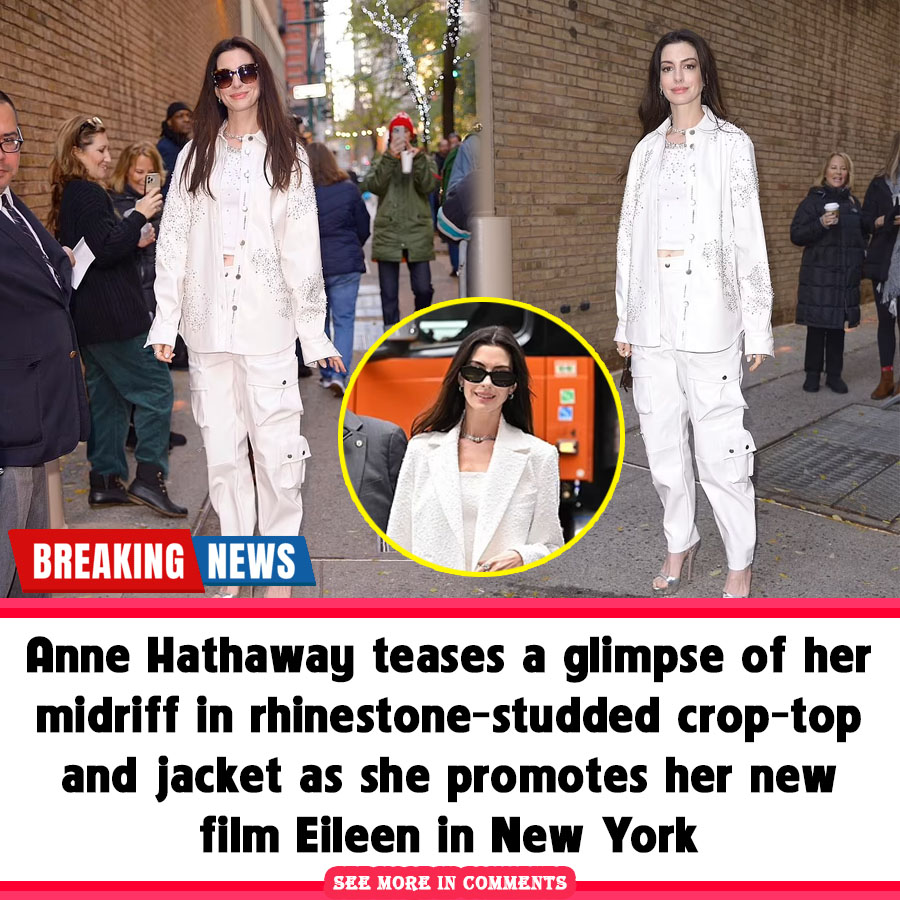 Anne Hathaway teases a glimpse of her midriff in rhinestone-studded ...