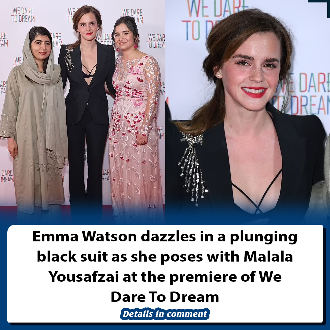 Emma Watson dazzles in a plunging black suit as she poses with Malala Yousafzai at the premiere ...
