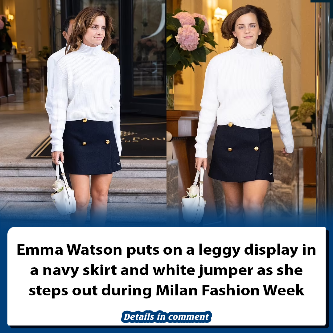 Emma Watson puts on a leggy display in a navy skirt and white jumper as ...