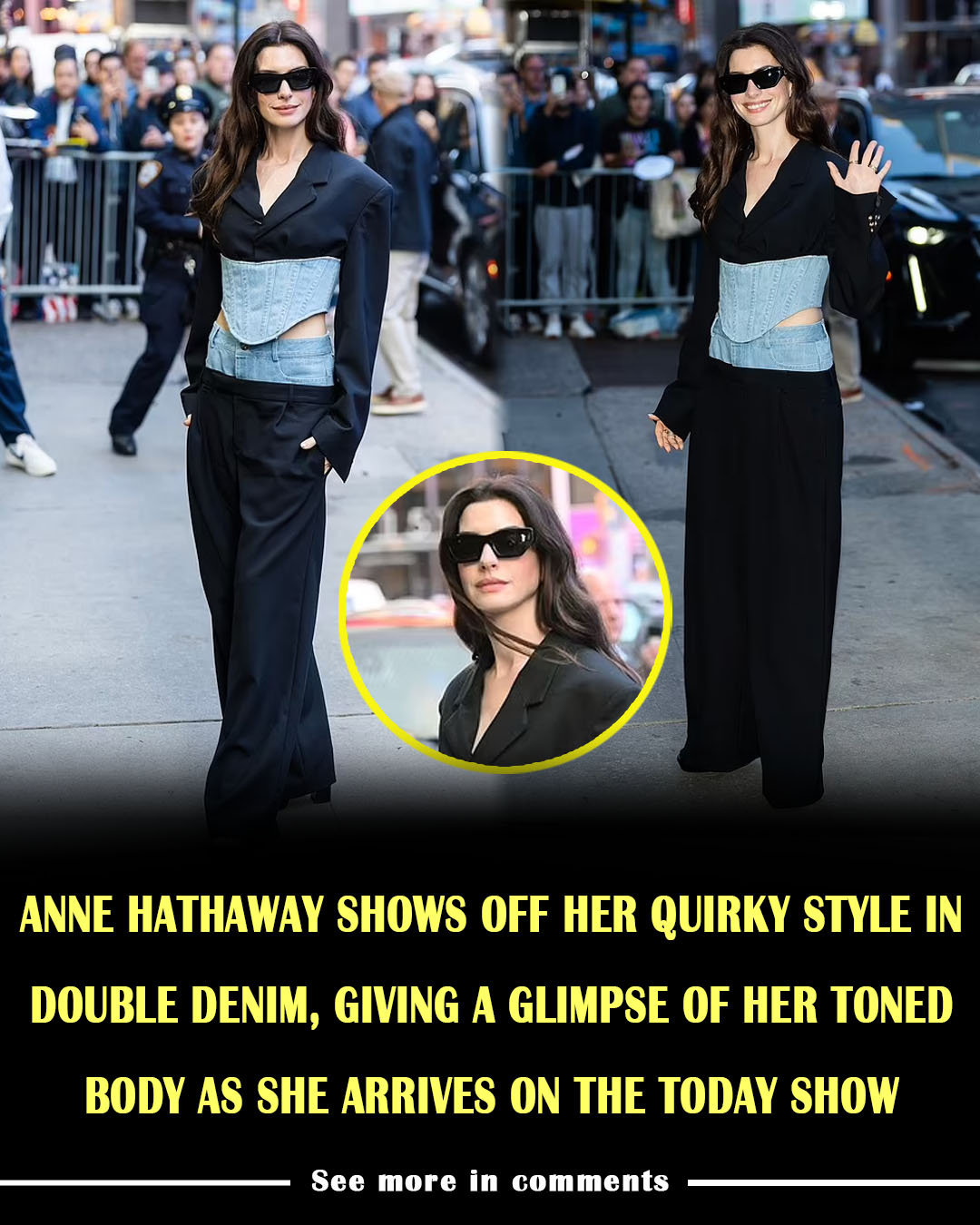 Anne Hathaway shows off her quirky style in double denim, giving a ...