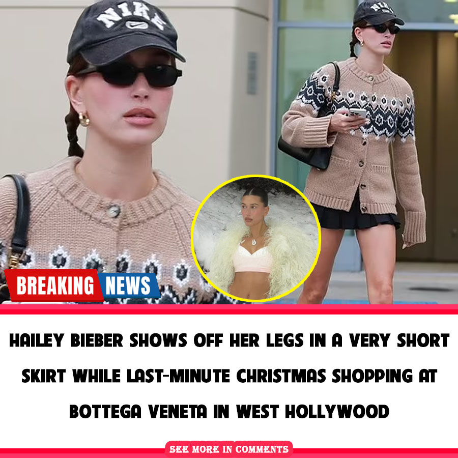 Hailey Bieber shows off her legs in a VERY short skirt while last ...