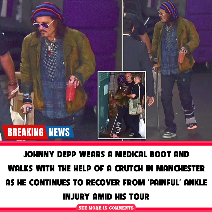 Johnny Depp wears a medical boot and walks with the help of a crutch in ...