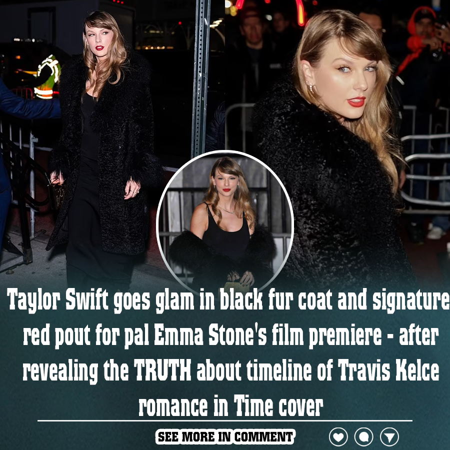 Taylor Swift goes glam in black fur coat and signature red pout for pal ...