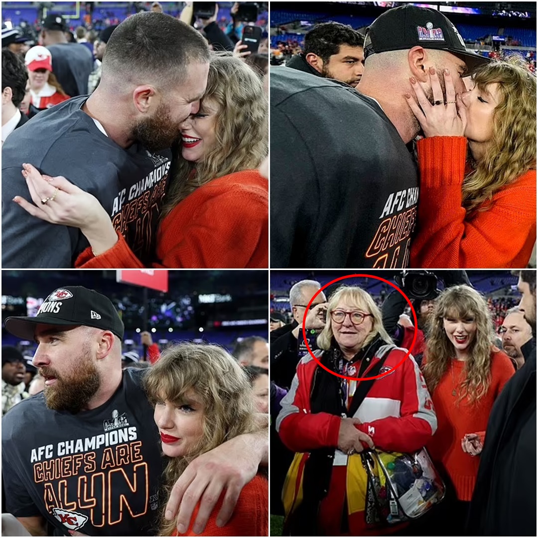 Taylor Swift and Travis Kelce passionately kiss on the field after the Chiefs star leads his ...