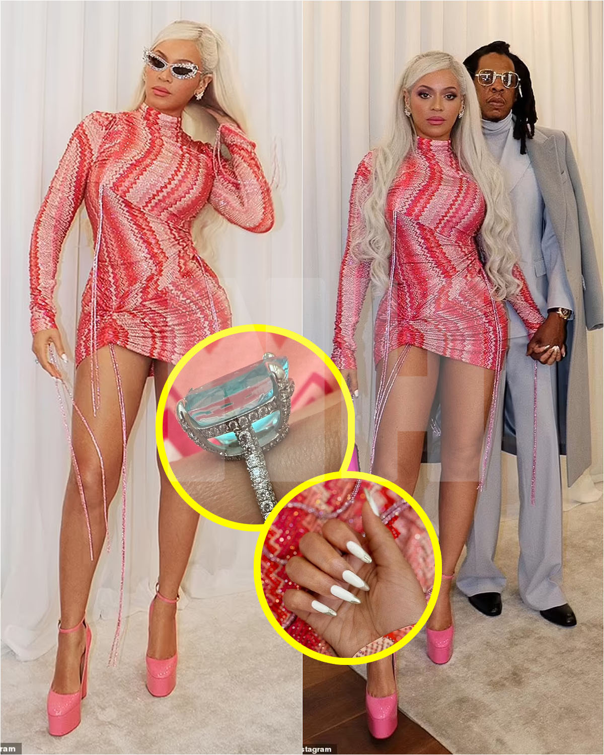 Beyonce channels Barbie in skimpy pink mini dress and platform heels as she and Jay-Z attend ...