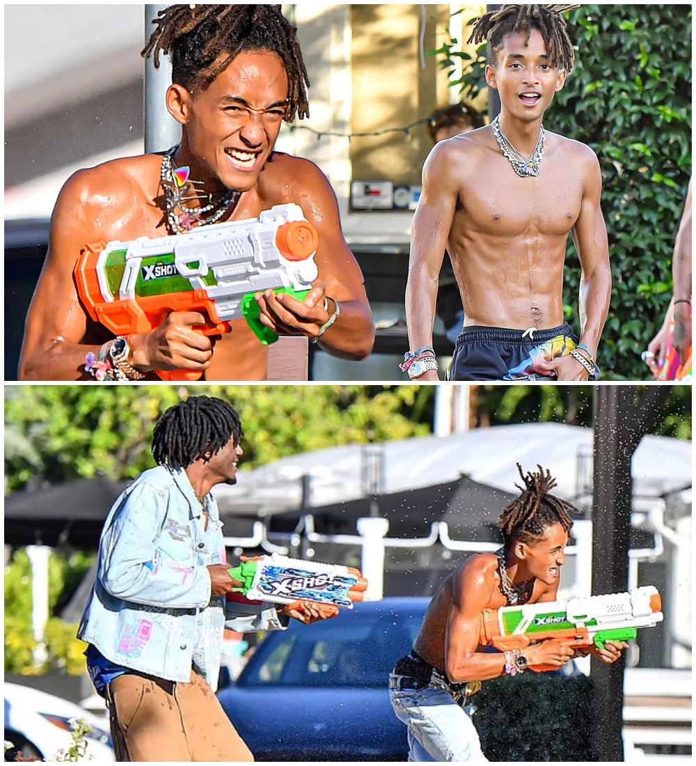 Jaden Smith shows off his toned abs while taking part in a watergun ...