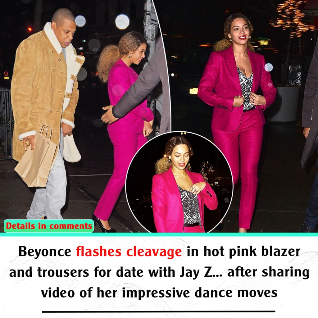 Beyonce flashes cleavage in hot pink blazer and trousers for date with Jay Z... after sharing ...