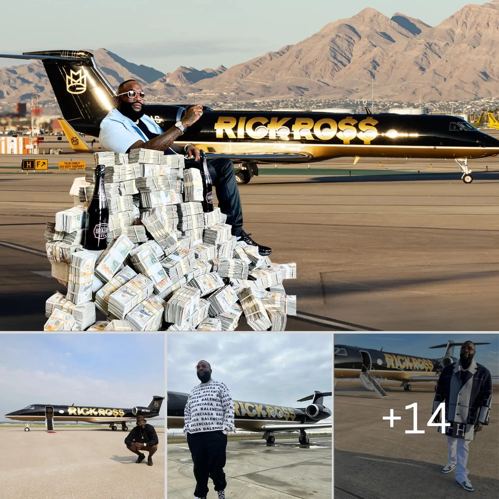 Rick Ross shows off a 'pile of money' next to a plane with a gold ...
