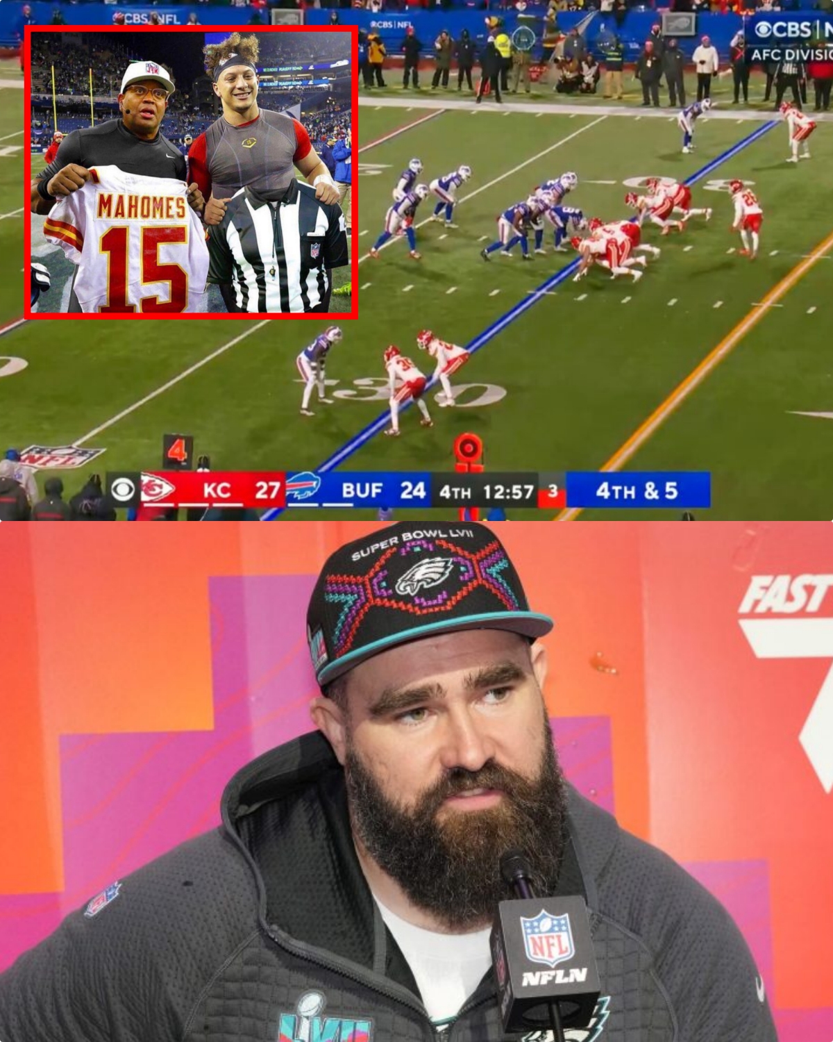 Jason Kelce reacts when skeptical NFL fans claim they have proof that the Chiefs-Bills Playoff ...