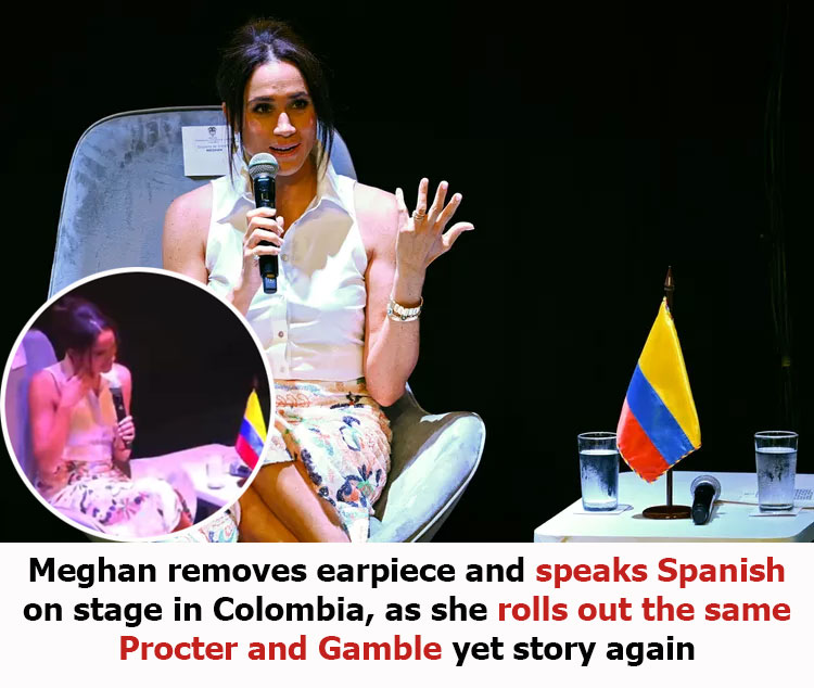 Meghan removes earpiece and speaks Spanish on stage in Colombia, as she ...